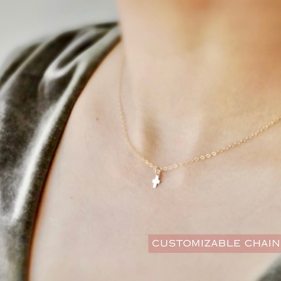 Custom 14K Gold Filled Mini Cross Necklace, Custom Chain, Tiny Cross ...