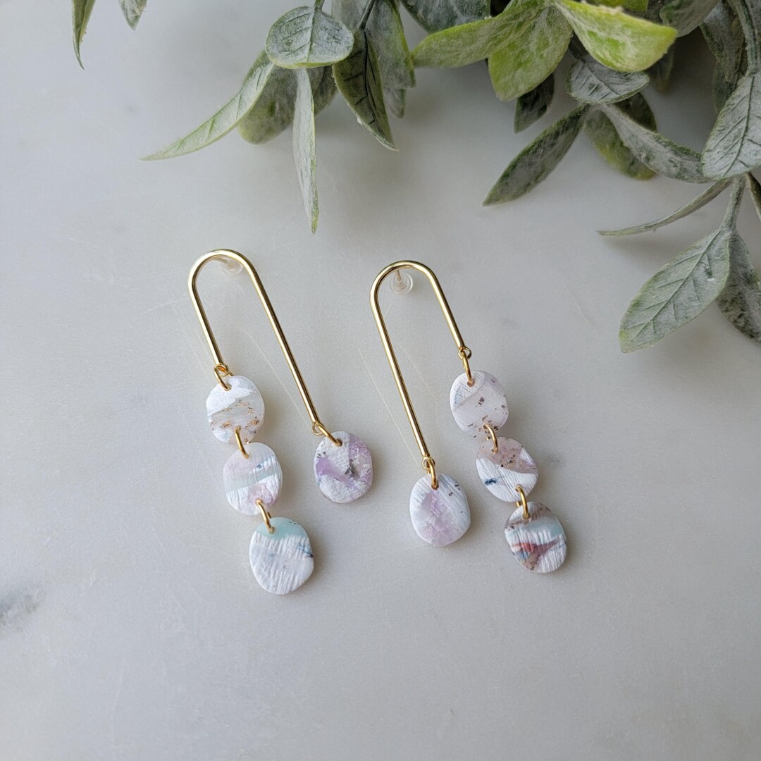 Purple Green White Marble Handmade Arch Polymer Clay Earrings - Etsy