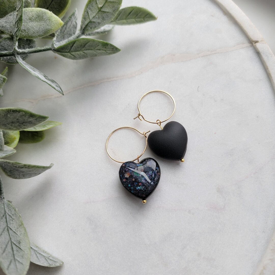 Black Heart Glitter Hoop Earrings - Handmade Polymer Clay Jewelry ...