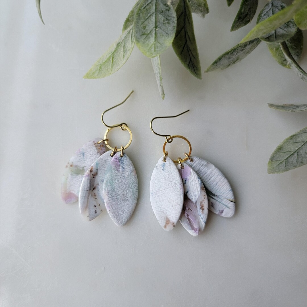 Purple Green White Marble Handmade Flower Petal Polymer Clay Earrings ...
