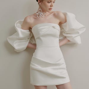 Modern Short Bridal Dress , Puffy Sleeve Reception Wedding Gown , Puffy ...