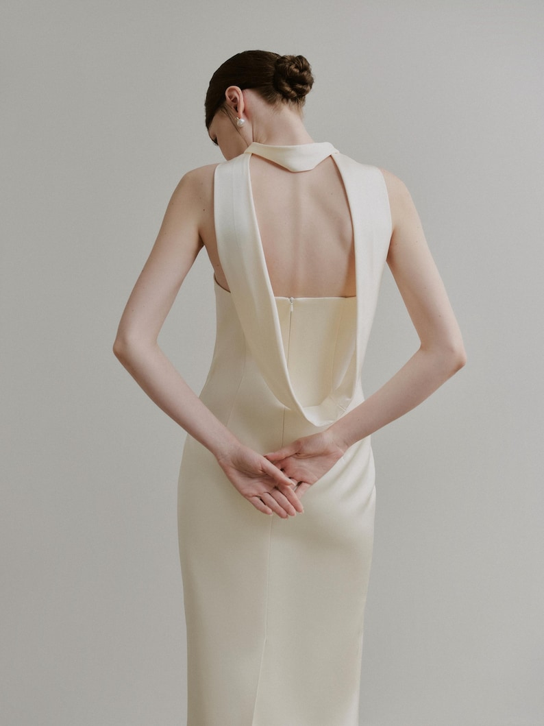 Satin Column Wedding Dress: Open Back Halter Gown With Scarf - Etsy