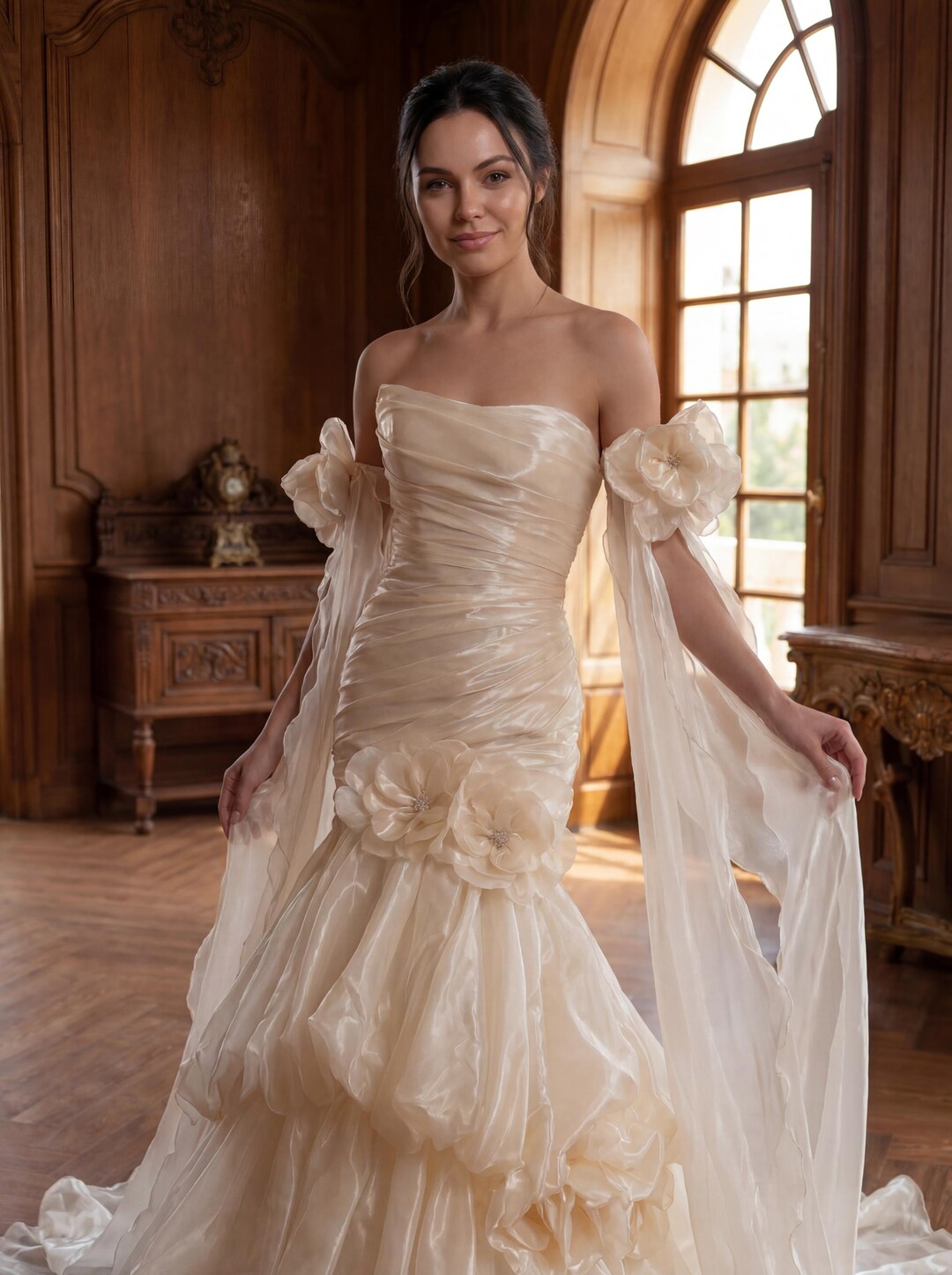 Long Sleeve Wedding Gown With Open Back | Modern A-line Crepe Skirt ...