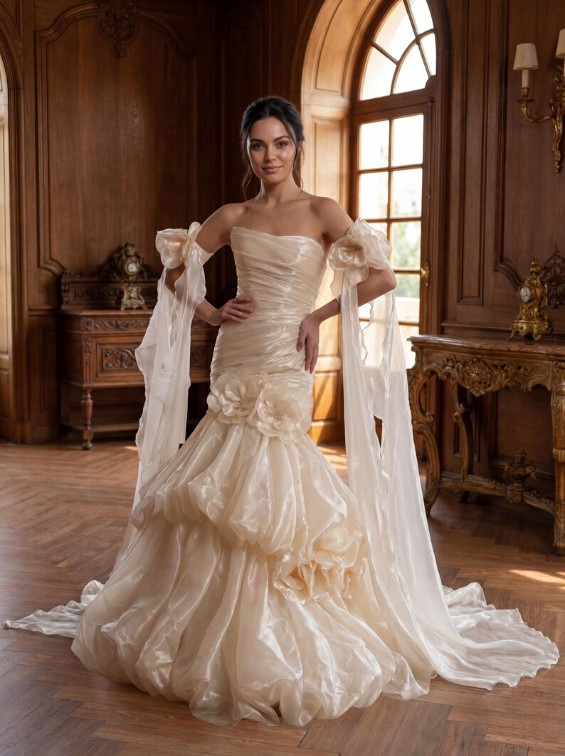 Long Sleeve Wedding Gown With Open Back | Modern A-line Crepe Skirt ...