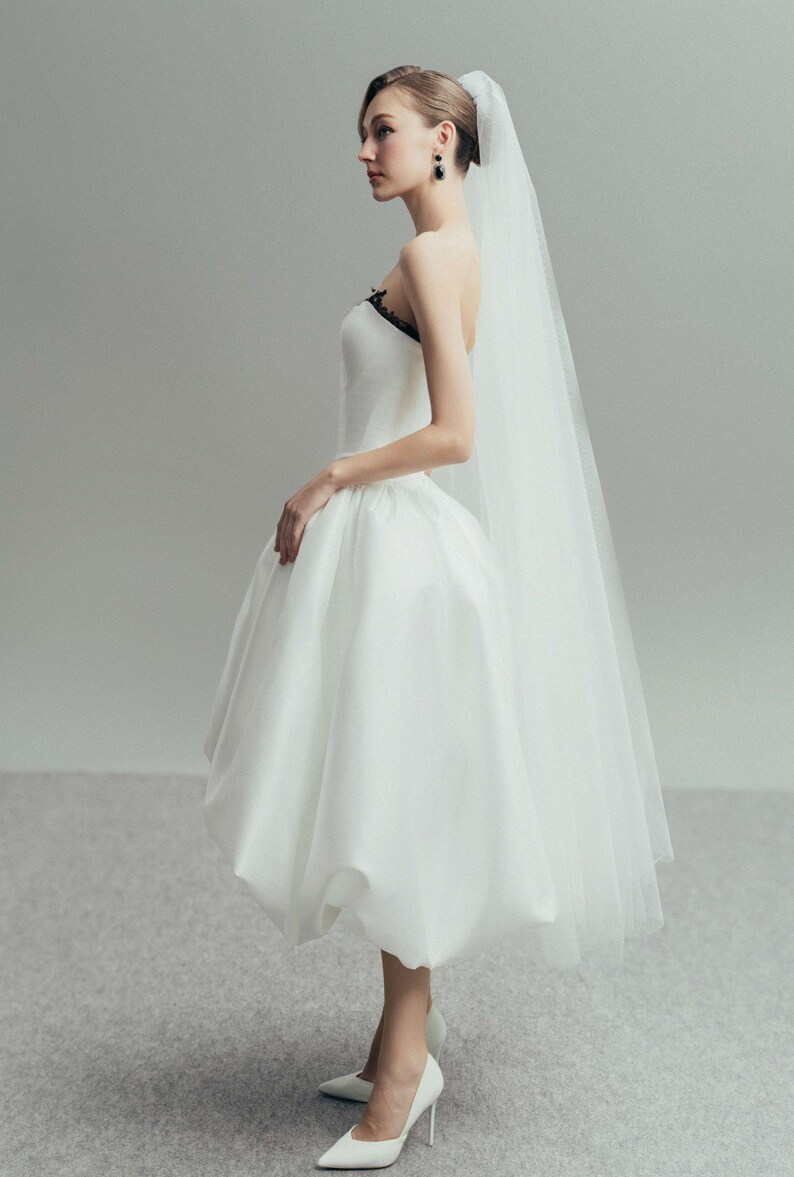 Black Lace Trim Tea-length Wedding Dress: Strapless Taffeta Bridal Gown ...