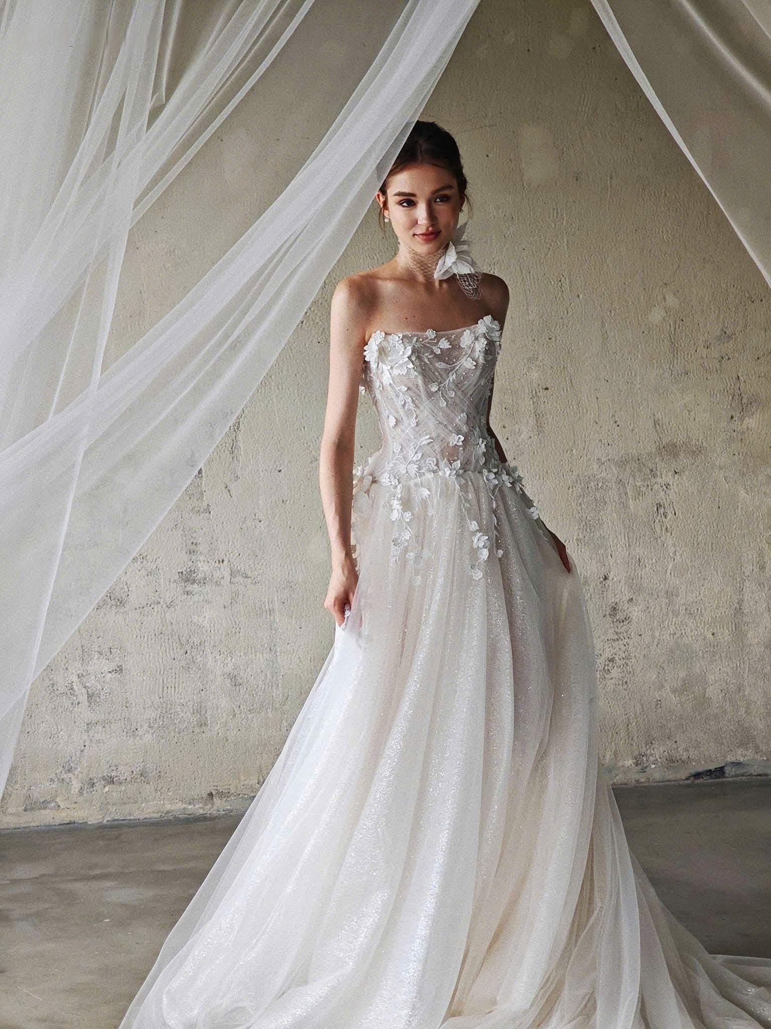 A-line Wedding Dress With 3D Floral Appliqué | Strapless Corset Bodice ...