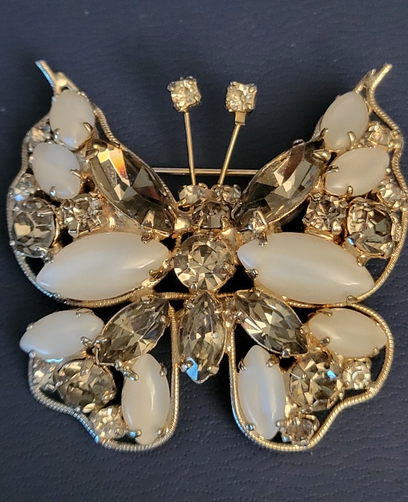 Vintage La Roca Designed Butterfly Brooch Milk Glass Smoky Grey ...