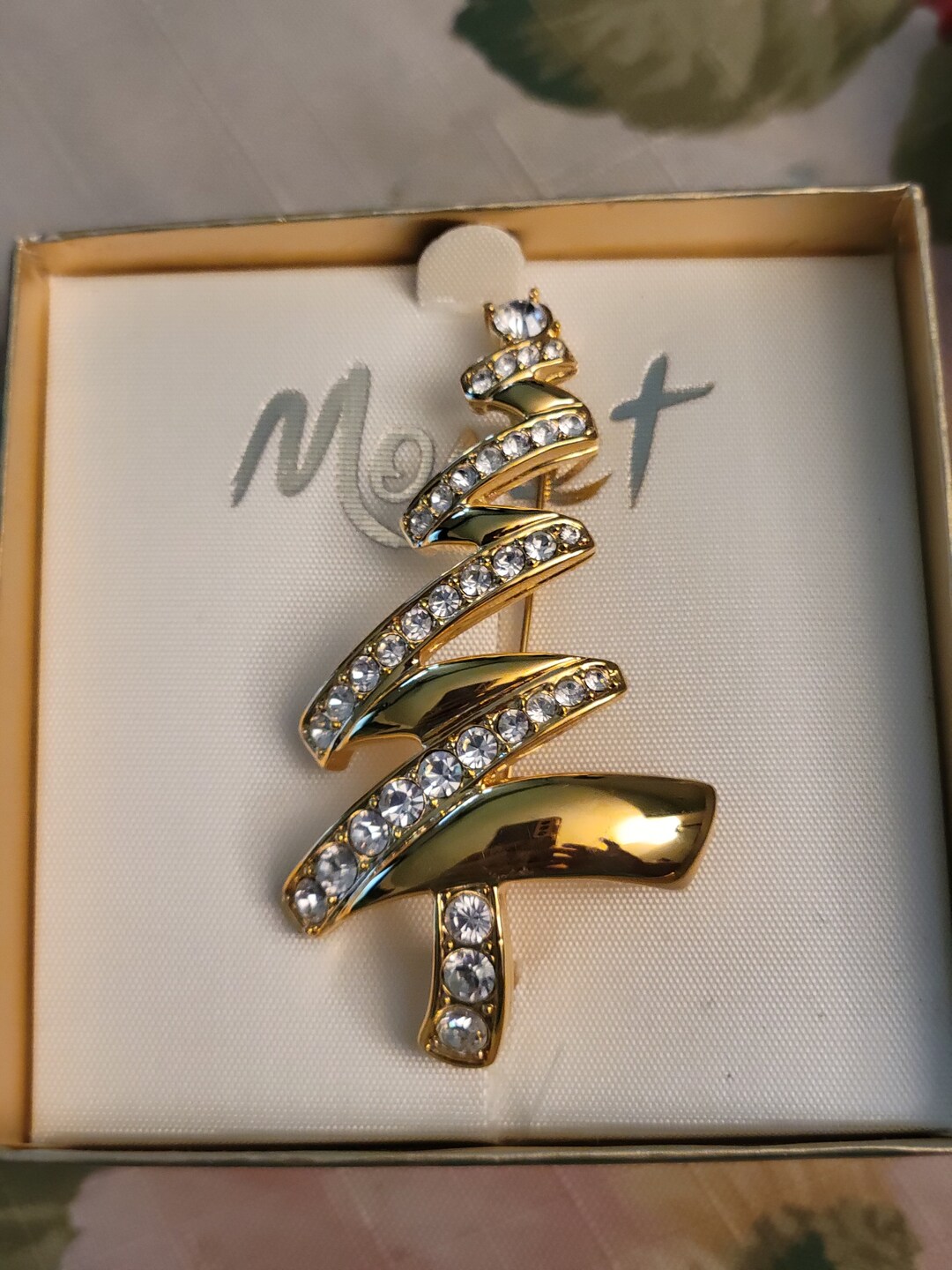 Monet Modern Style Christmas Tree Pin Brooch Gold Tone Rhinestones ...