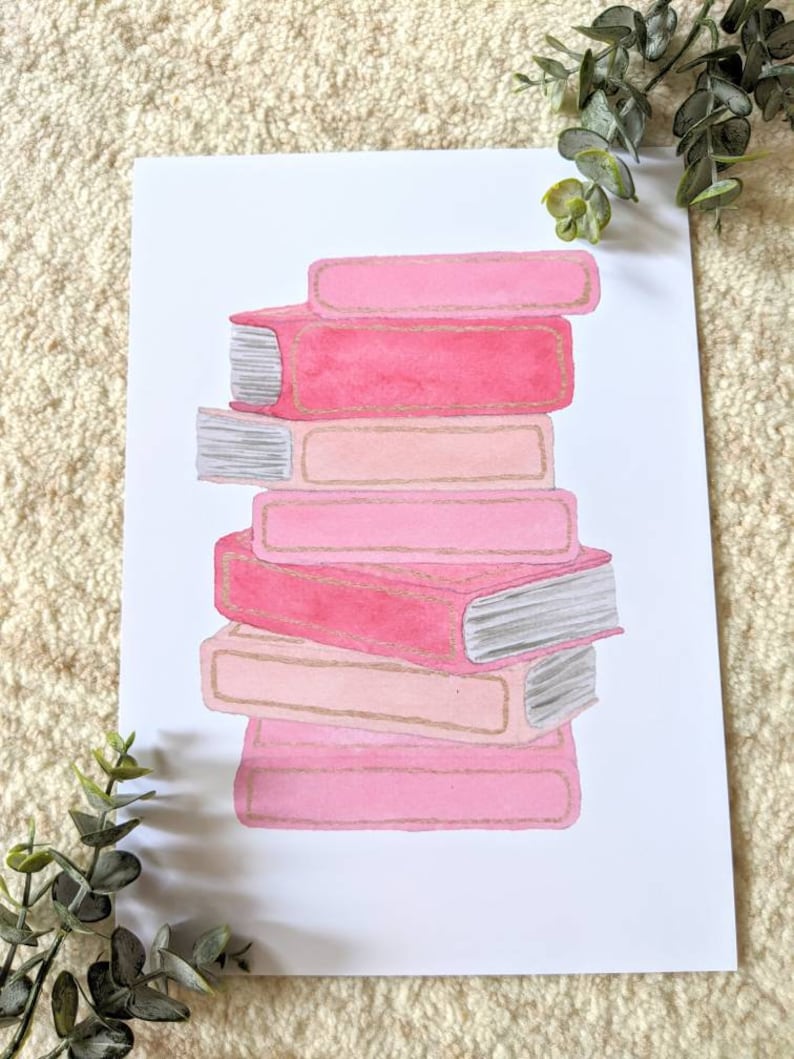 Book Stack Print Pink Books Watercolour Wall Art Book | Etsy