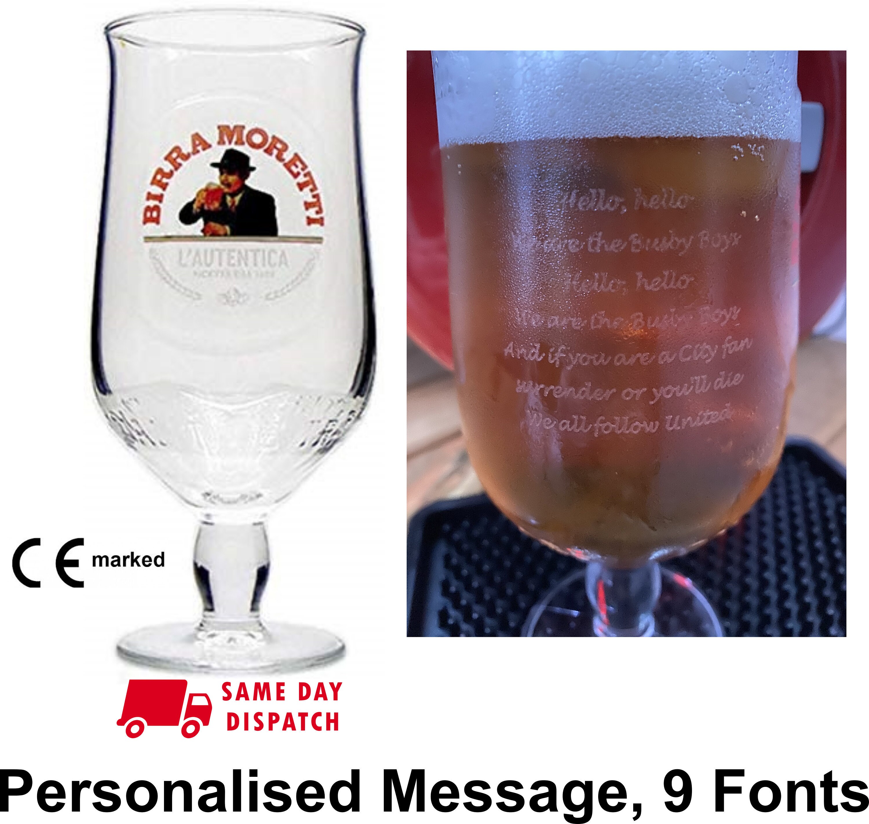 Personalised Message Engraved Birra Moretti 1 Pint Glass. 20oz ...