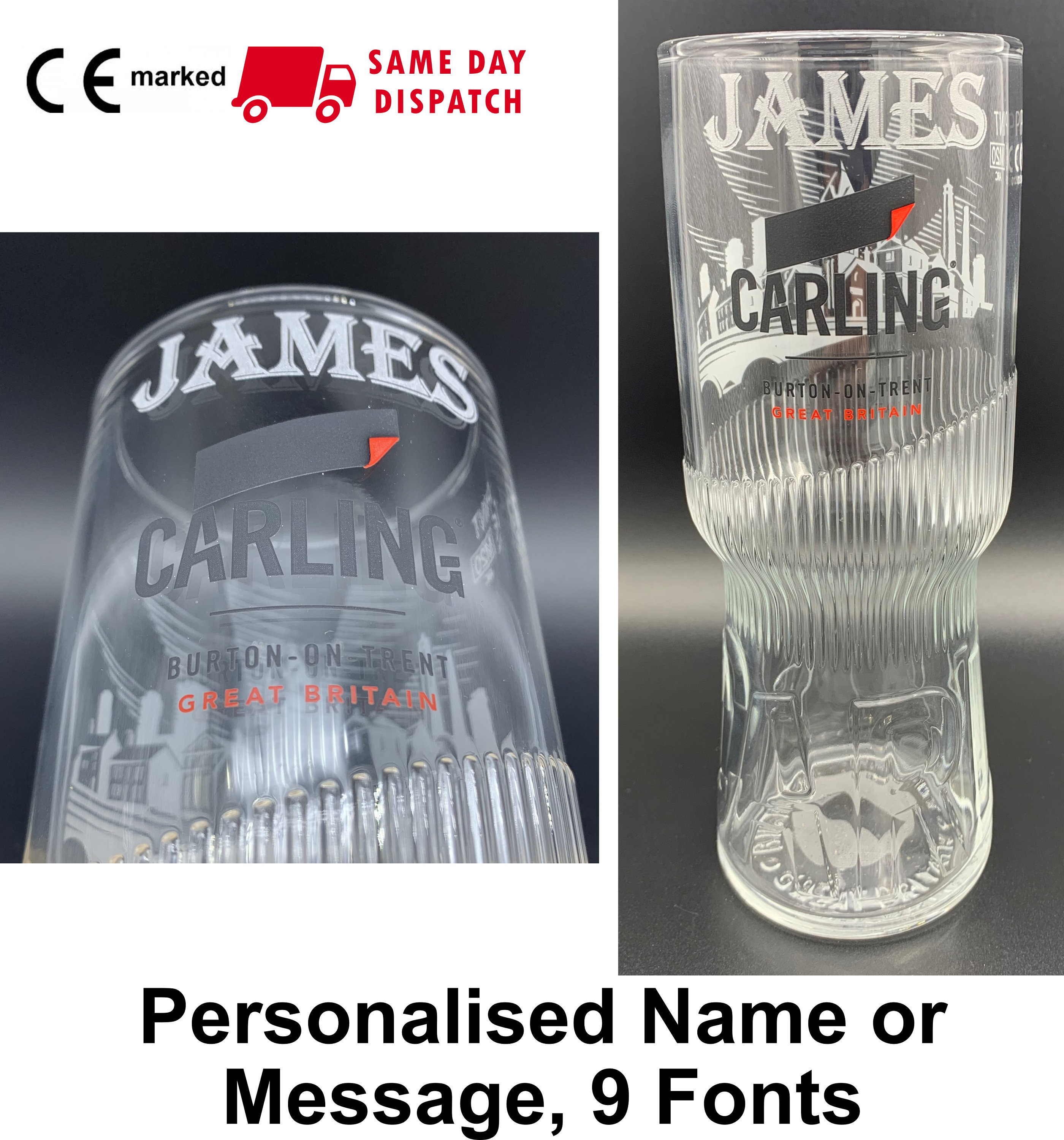 Personalised Engraved Carling 1 Pint Glass. 20oz. Personalised With ...