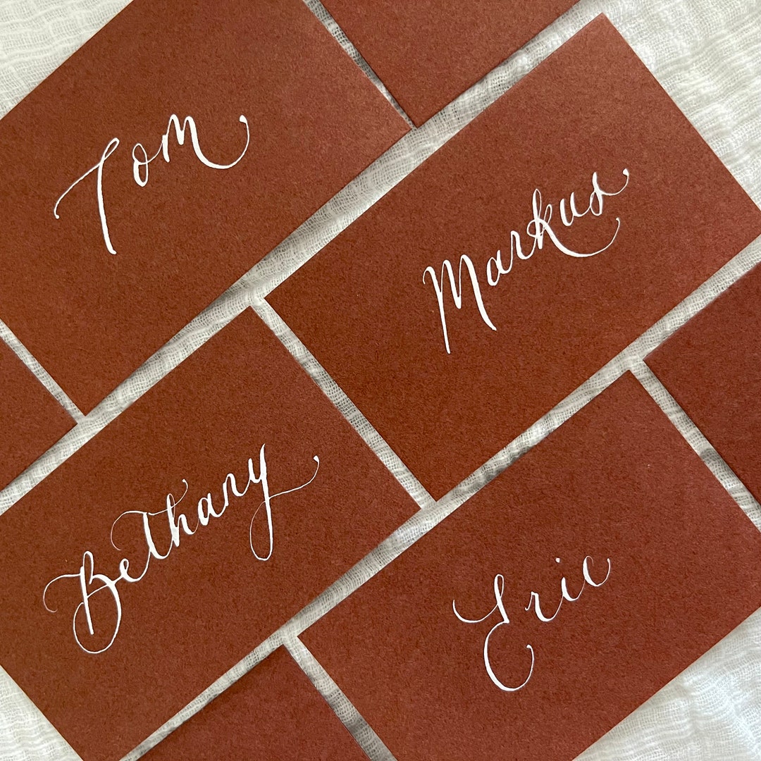 Terracotta Rust Calligraphy Flat Place Cards; Harvest Brown With White ...