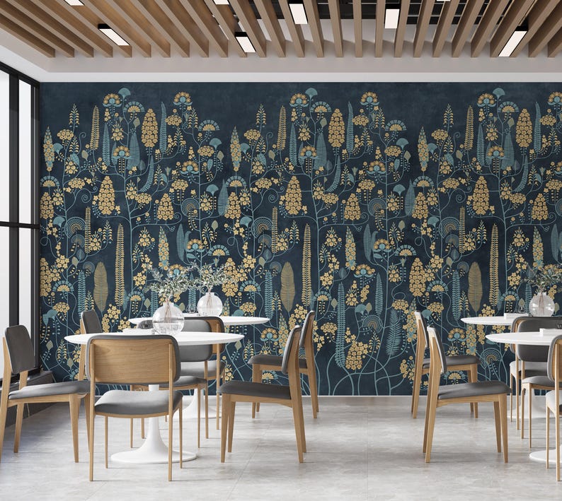 Midnight Botanical Wall Mural | Elegant Vintage Floral Pattern ...