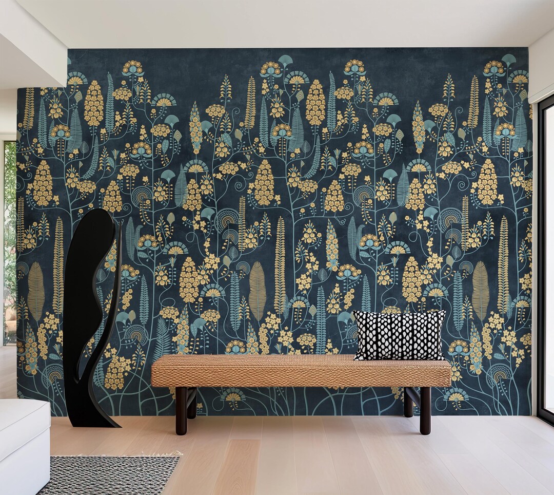 Midnight Botanical Wall Mural | Elegant Vintage Floral Pattern ...