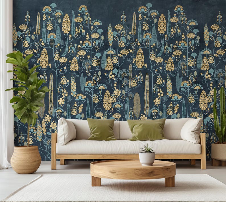 Midnight Botanical Wall Mural | Elegant Vintage Floral Pattern ...