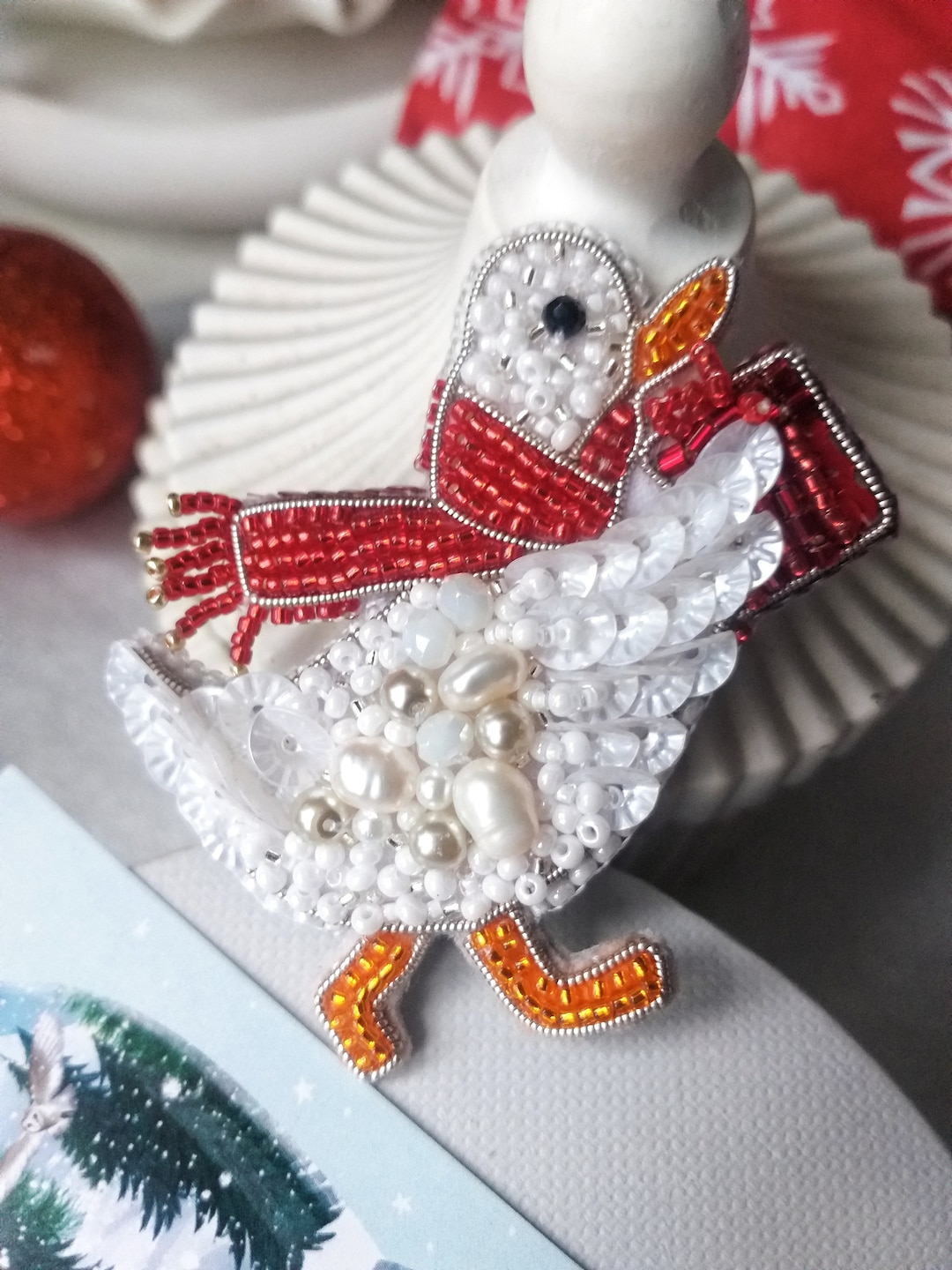 Beaded Goose Brooch: Pearl Embroidered Christmas Pin - Etsy