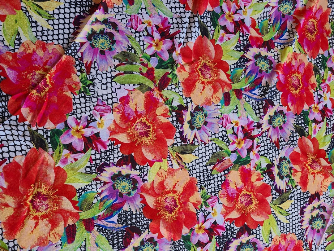 New Pebble Chiffon See Through Screen Print Fabric, Red Floral Combo ...