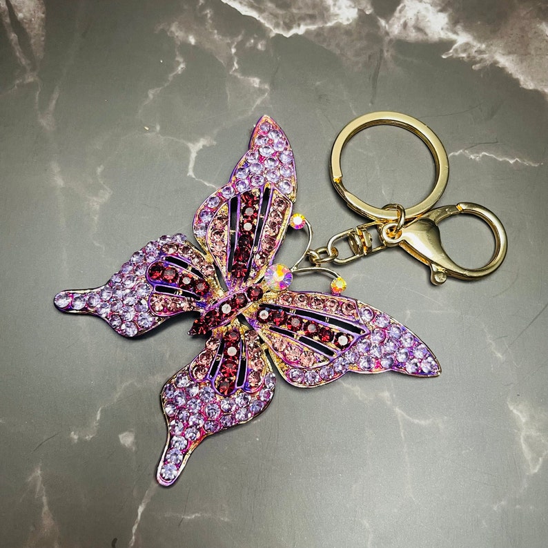 Purple Butterfly Keychain, Sparkling Crystal Rhinestones Keyring, Bag ...