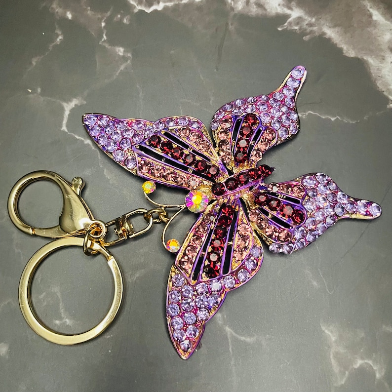 Purple Butterfly Keychain, Sparkling Crystal Rhinestones Keyring, Bag ...
