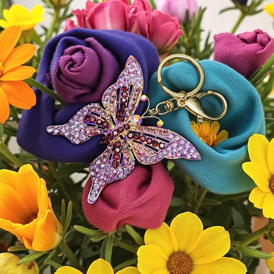 Purple Butterfly Keychain, Sparkling Crystal Rhinestones Keyring, Bag ...