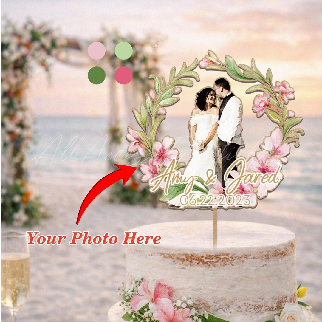 Custom Photo Wedding Cake Topper, Personalized Pink Floral Wreath Cake ...