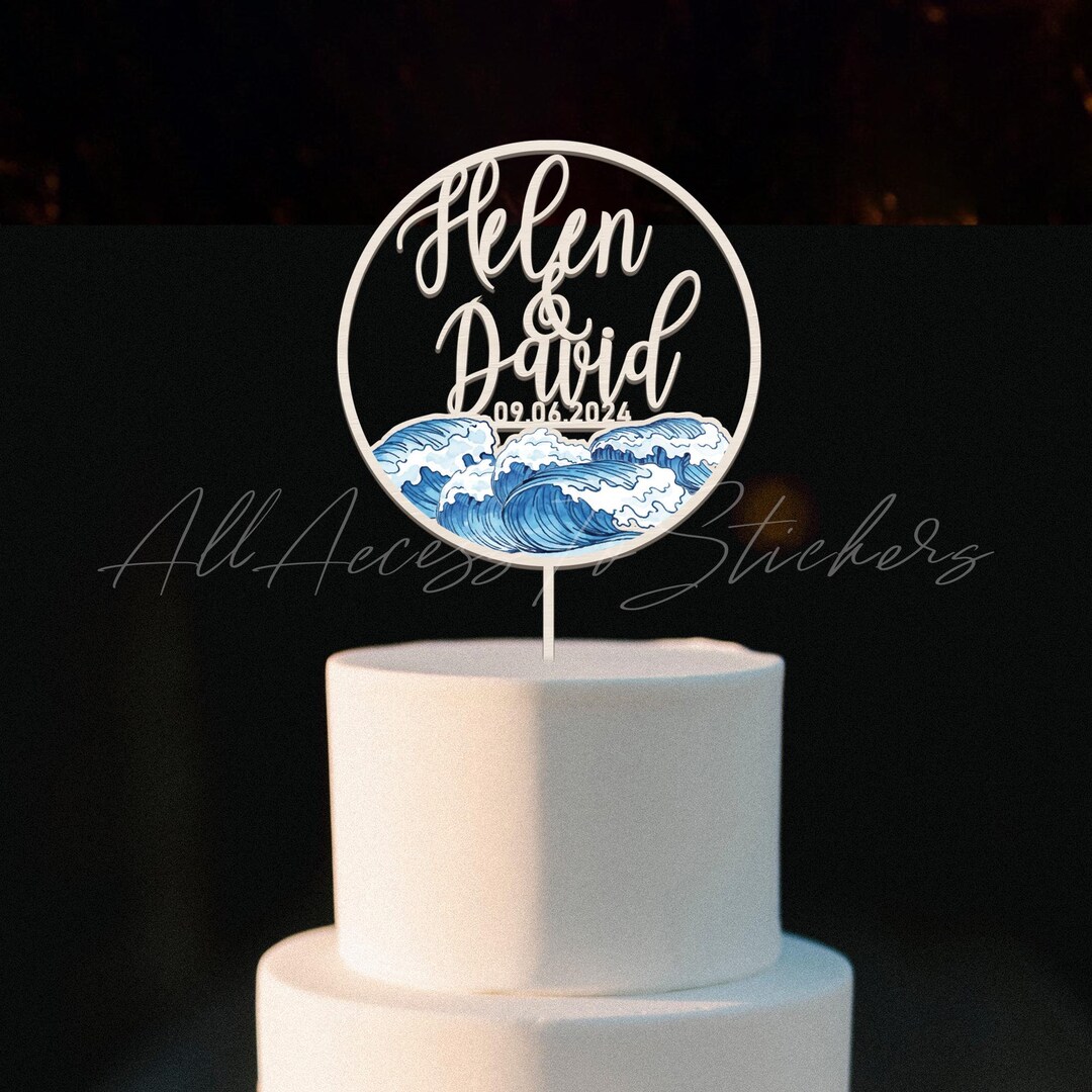 Beach Wedding Cake Topper, Personalized Ocean Cake Topper, Coastal Blue ...