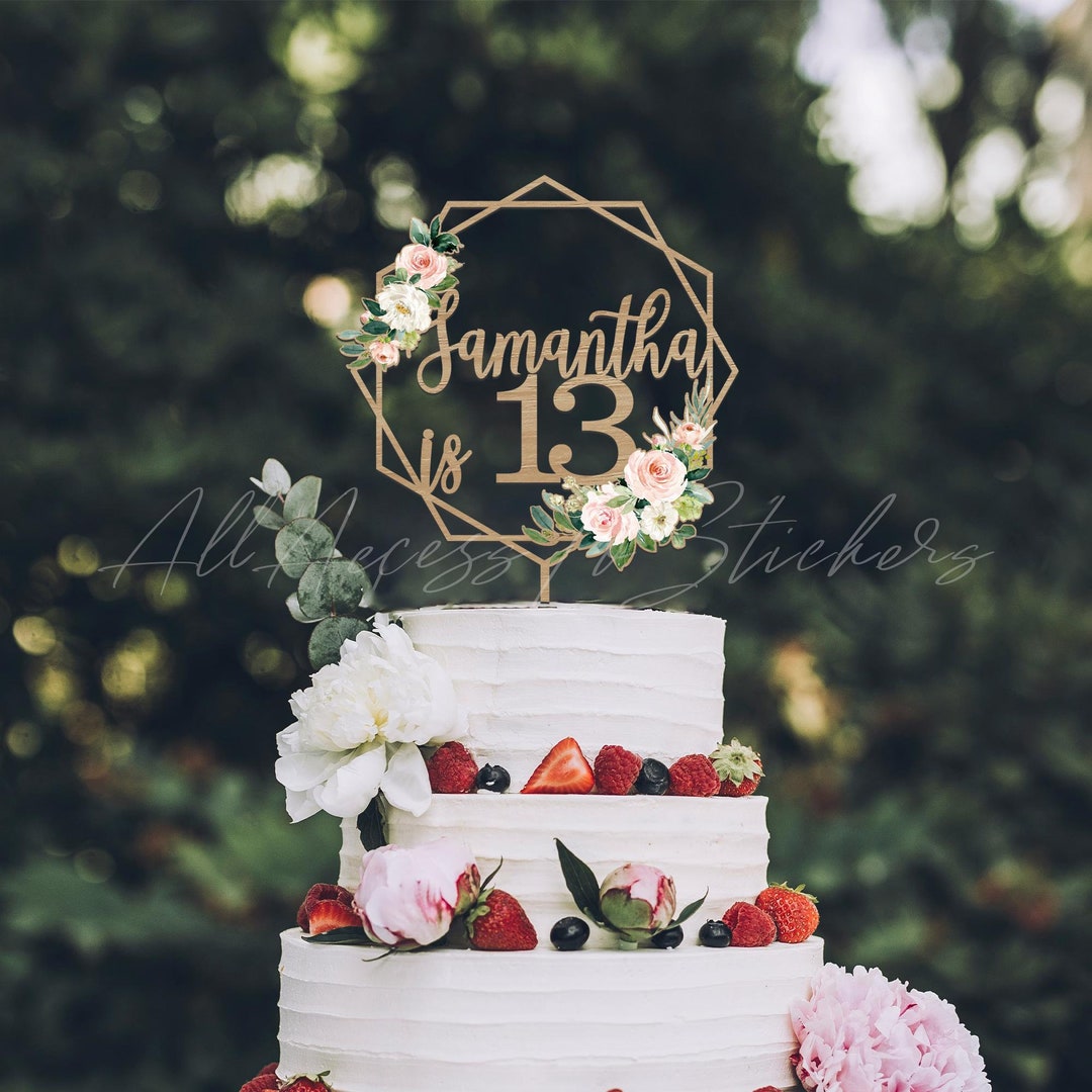 Personalized Birthday Floral Cake Topper, Pink Wreath Wooden Cake ...