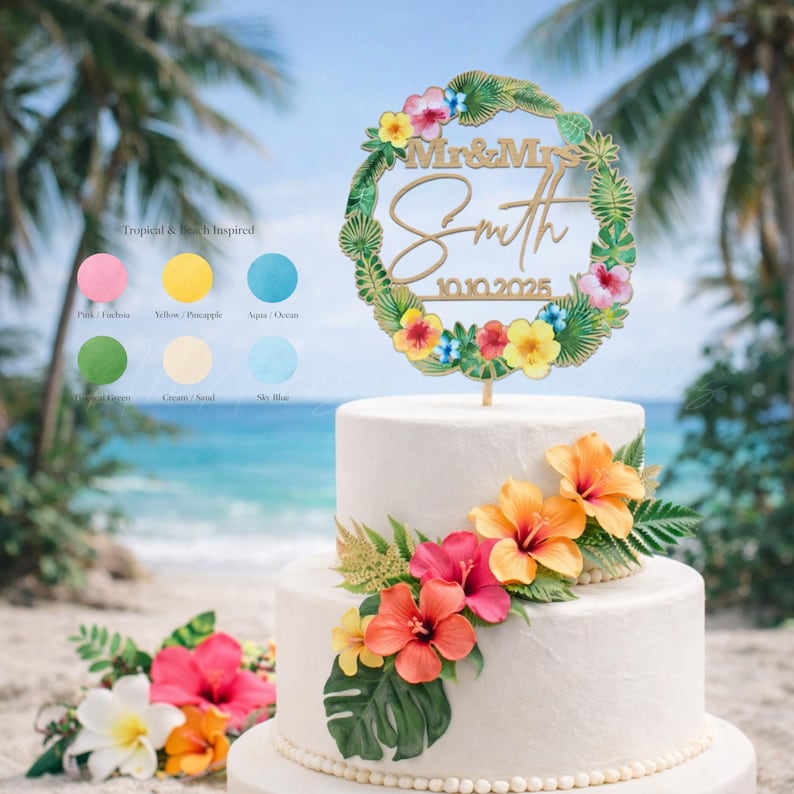 Tropical Mr & Mrs Cake Topper, Monstera Leaves Cake Decor, Colorful ...
