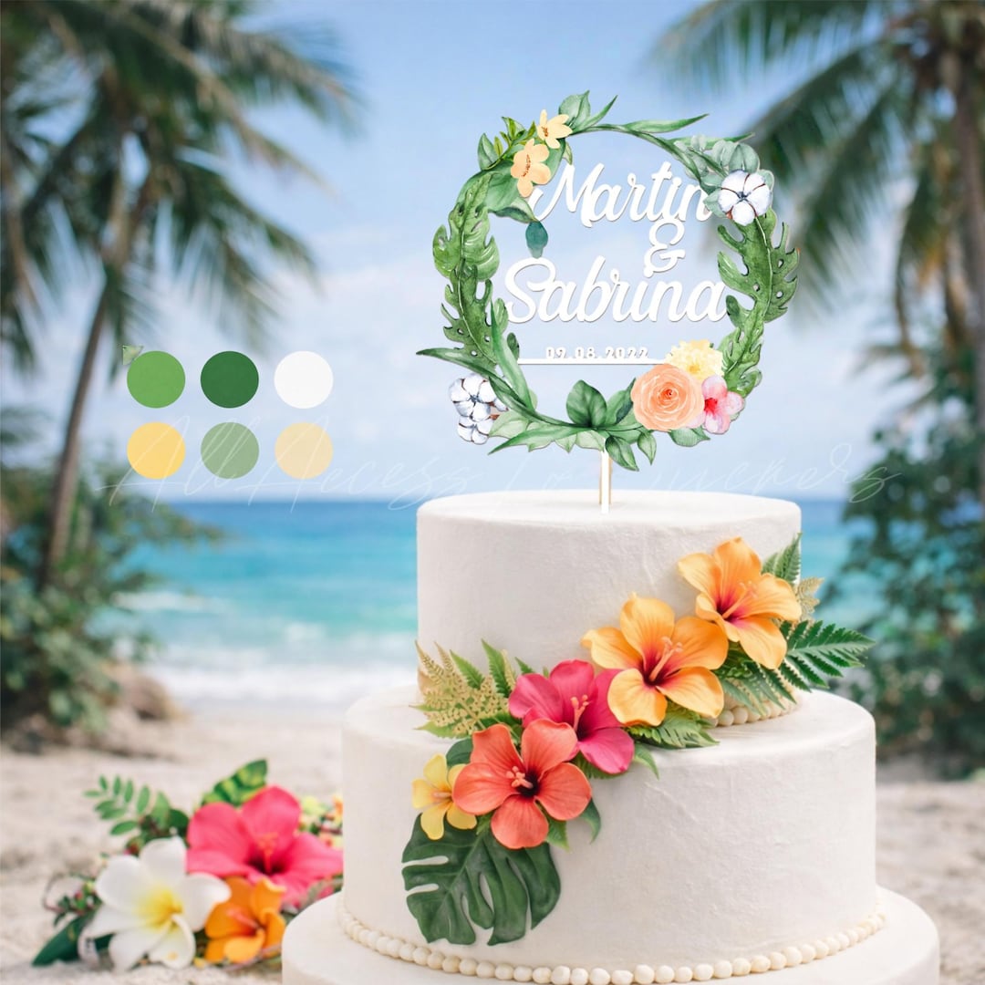 Tropical Wedding Cake Topper, Mr & Mrs Cake Topper, Monstera Leaves ...