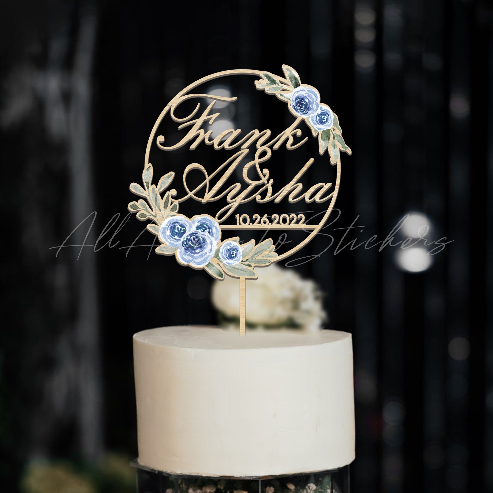 Blue Flower Wedding Cake Topper, Custom Name Cake Topper, Summer ...