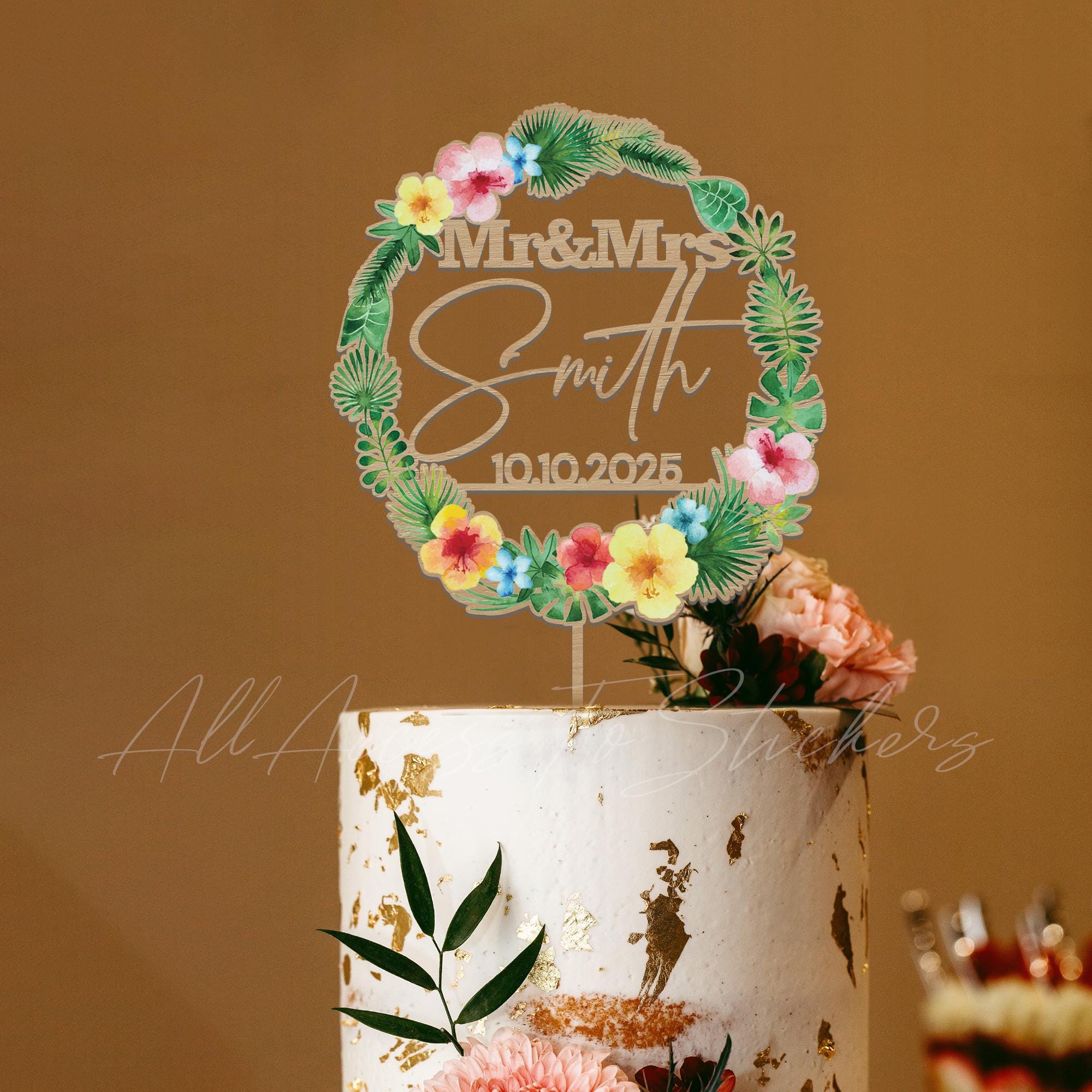 Tropical Mr & Mrs Cake Topper, Monstera Leaves Cake Decor, Colorful ...
