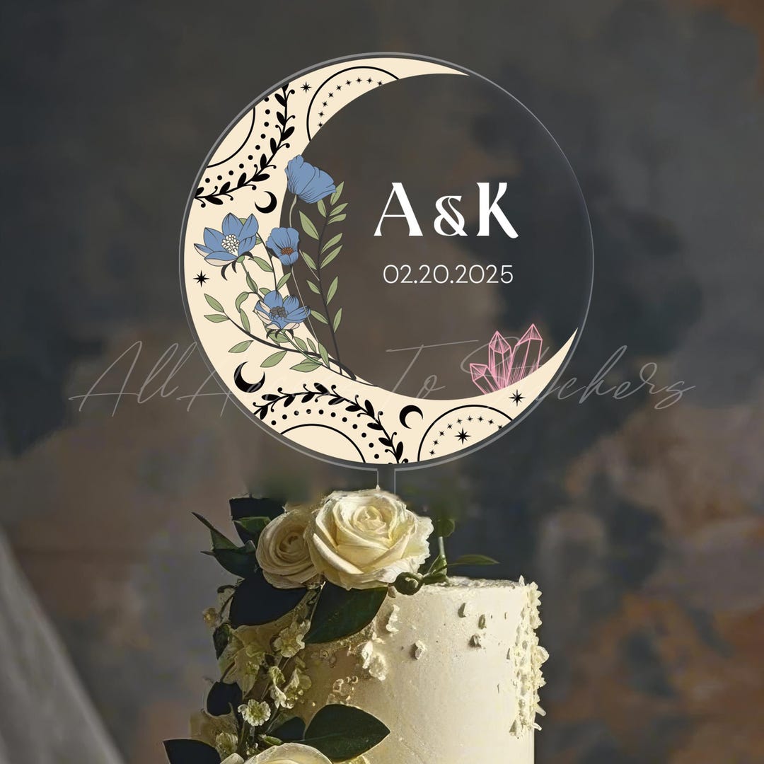 Dusty Blue Wedding Cake Topper, Moon Cake Topper, Gold Wedding Cake ...