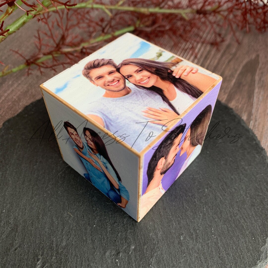 Personalized Photo Cube Box, Unique Keepsake Gift for Her, Wooden Block Box, Couple Portrait ...
