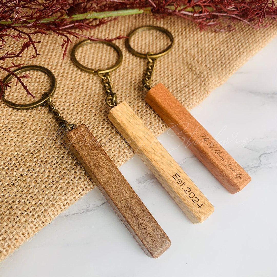 Custom Engraved Wooden Key Chain, Four Sides Engraving Keyring With ...