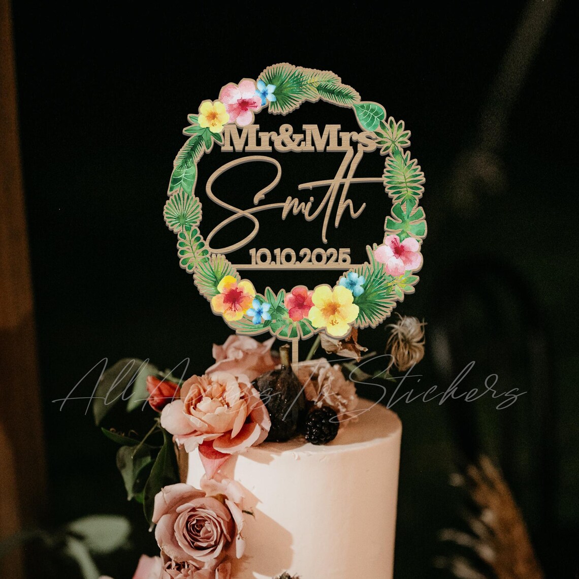 Tropical Mr & Mrs Cake Topper, Monstera Leaves Cake Decor, Colorful ...