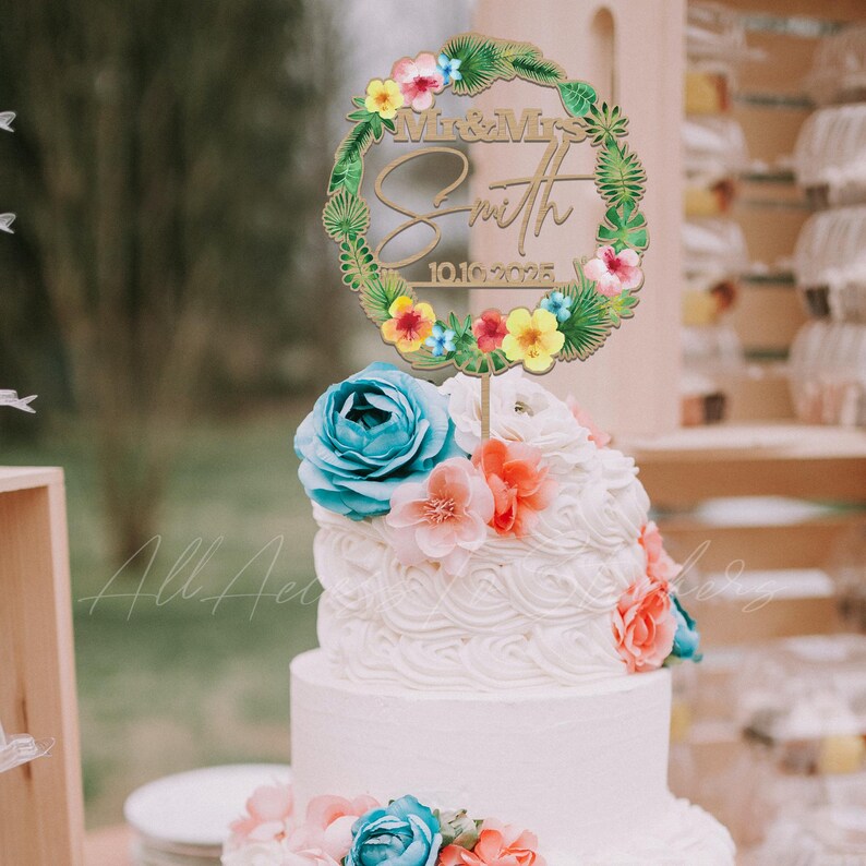 Tropical Mr & Mrs Cake Topper, Monstera Leaves Cake Decor, Colorful ...