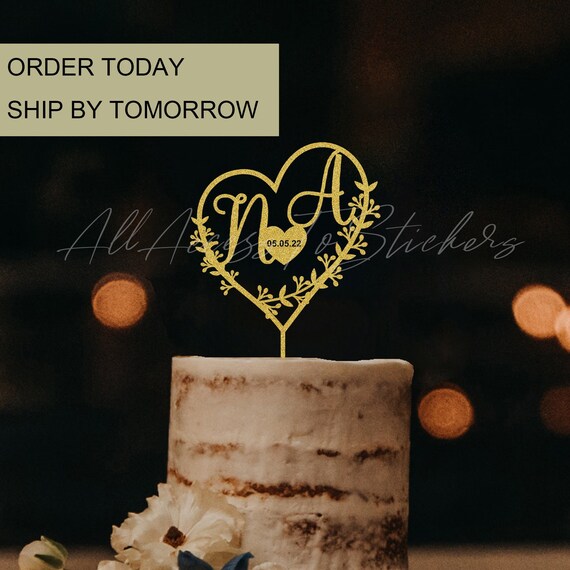 Heart Wreath Engagement Cake Topper Personalized Wooden - Etsy