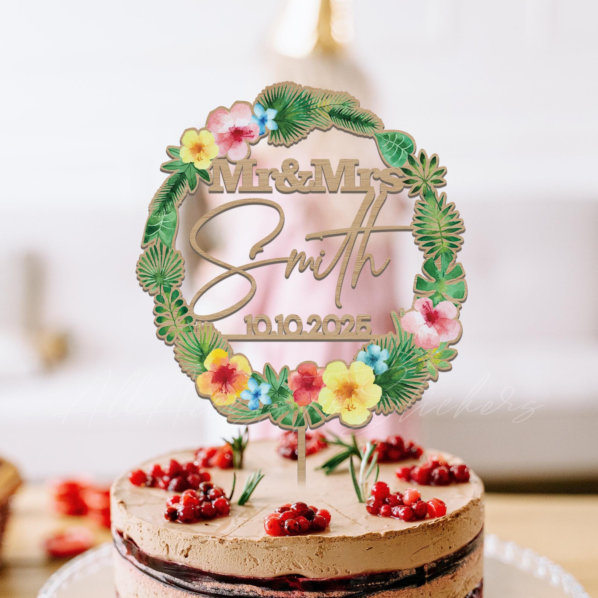 Tropical Mr & Mrs Cake Topper, Monstera Leaves Cake Decor, Colorful ...