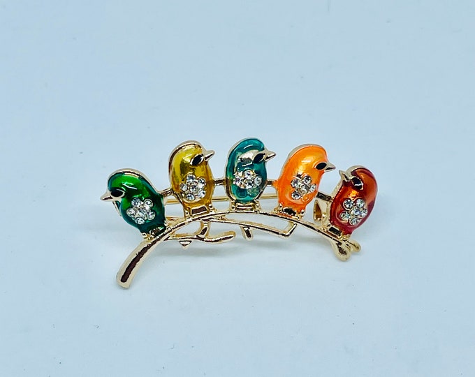 Cute Enamel Birds and Rhinestone Gold Tone Brooch, Mom Gift, Outfit ...