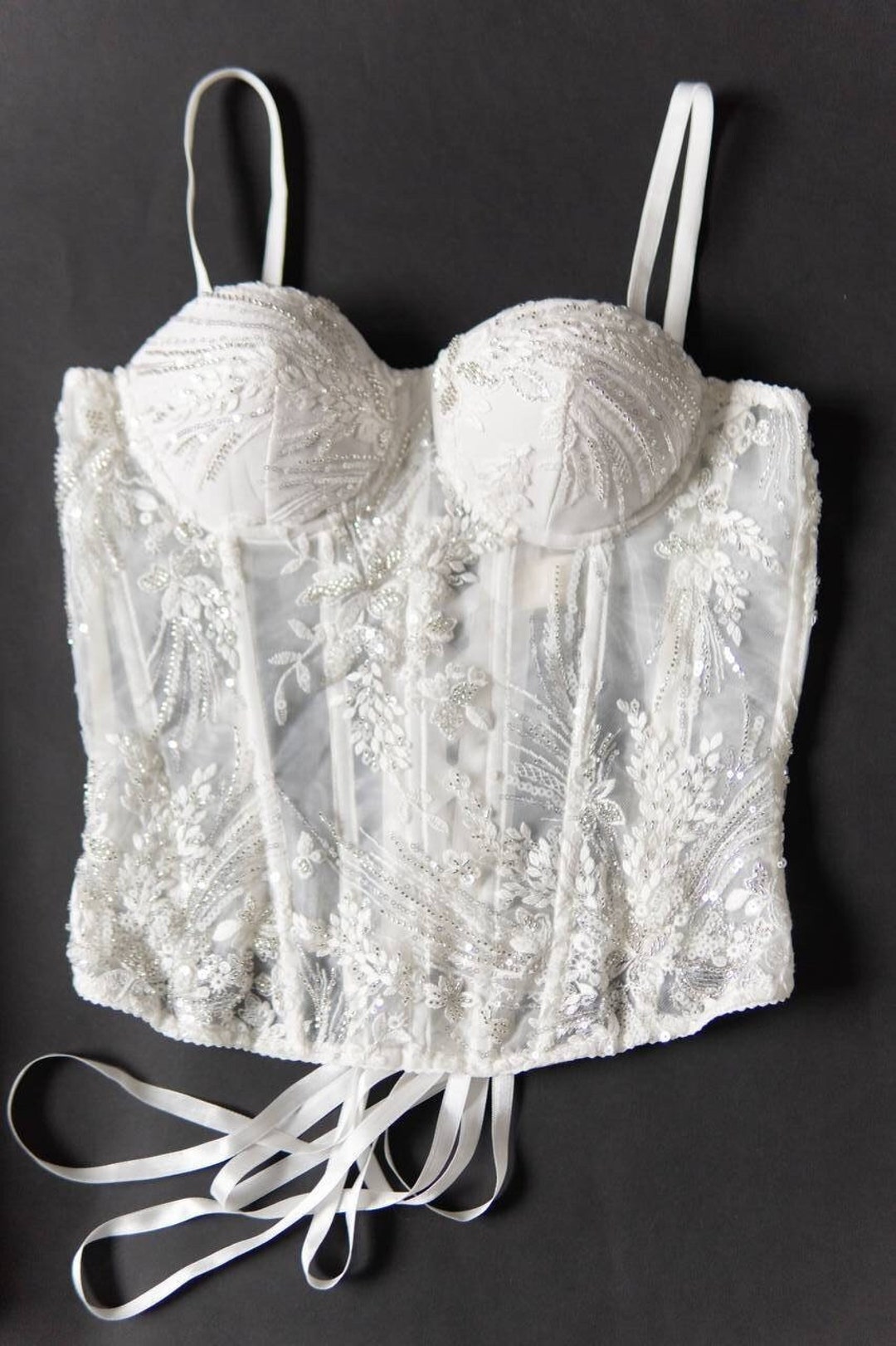 Ivory Mesh Floral Lace Custom Corset With Lacing Back, Honeymoon ...