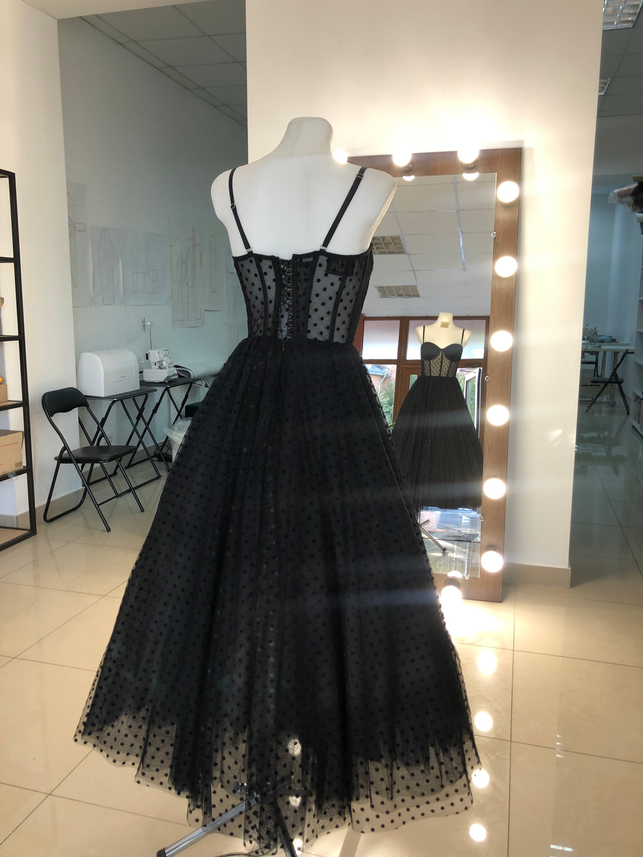 Halloween Black Corset Prom Dress in Small Dots Black Mesh - Etsy