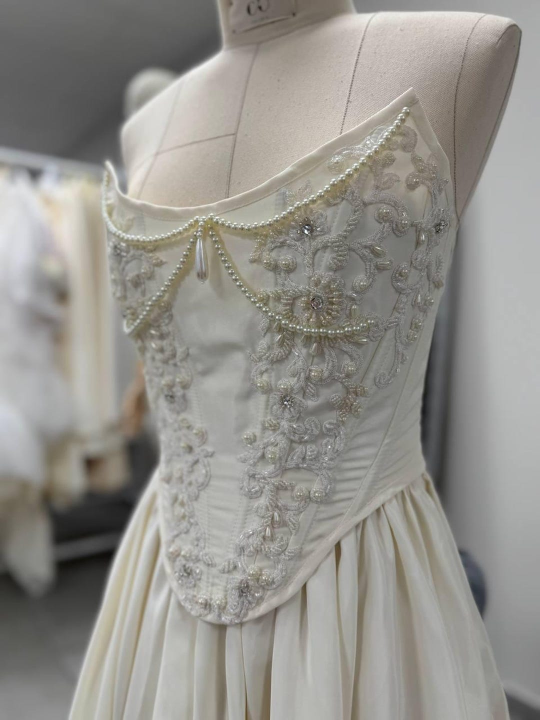 White Beaded Corset Taffeta Fabric, Renaissance Bodice, Floral ...