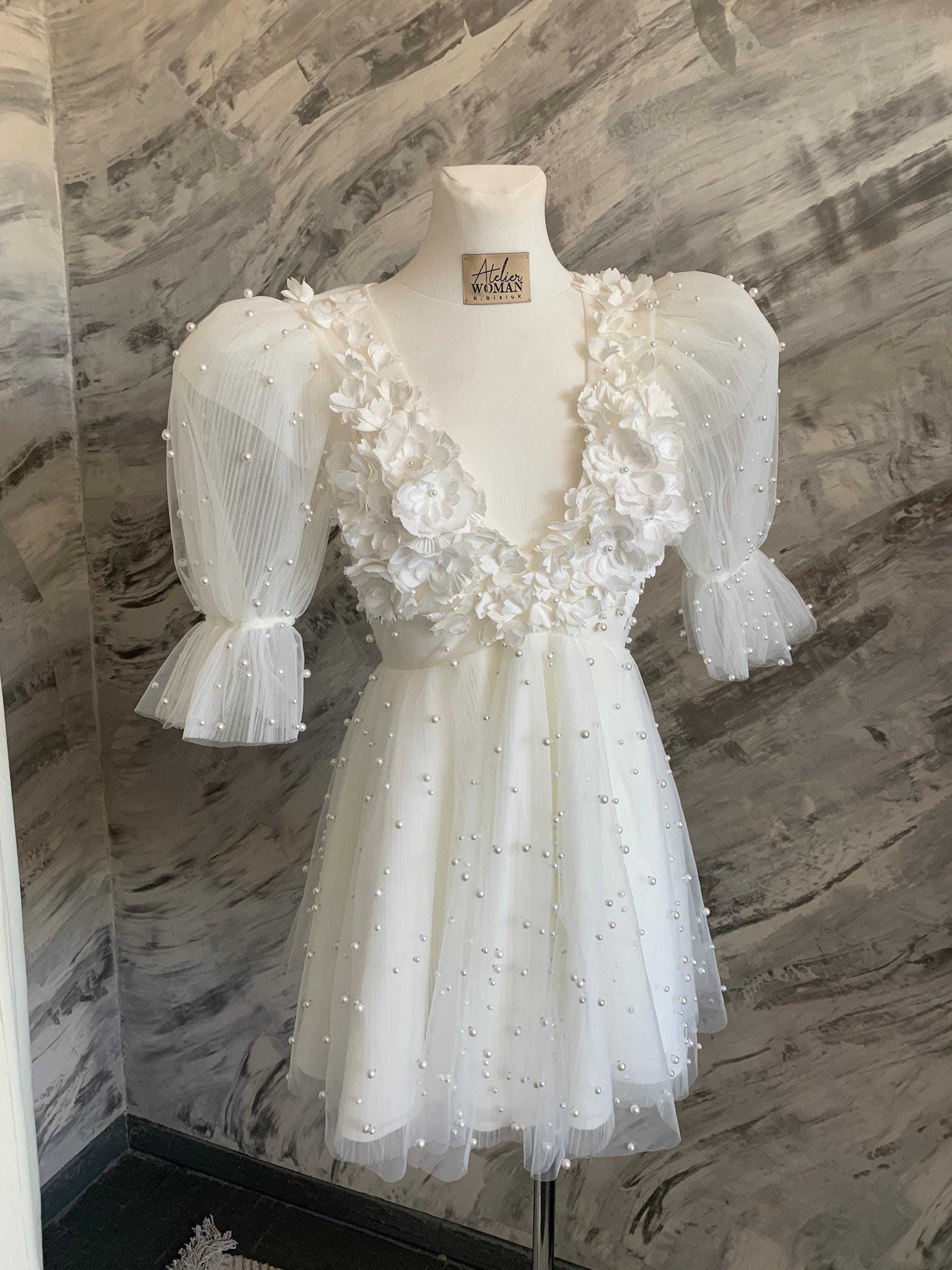 Short Deep V-neck Pearls Beaded Flower Lace Engagement Party Dress ...