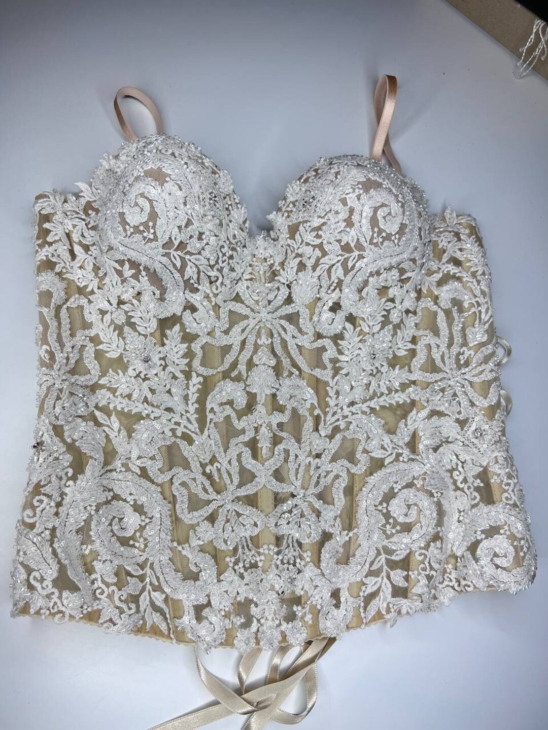 Flower Lace Beaded Beige and Ivory Wedding Custom Corset, Plus Size ...