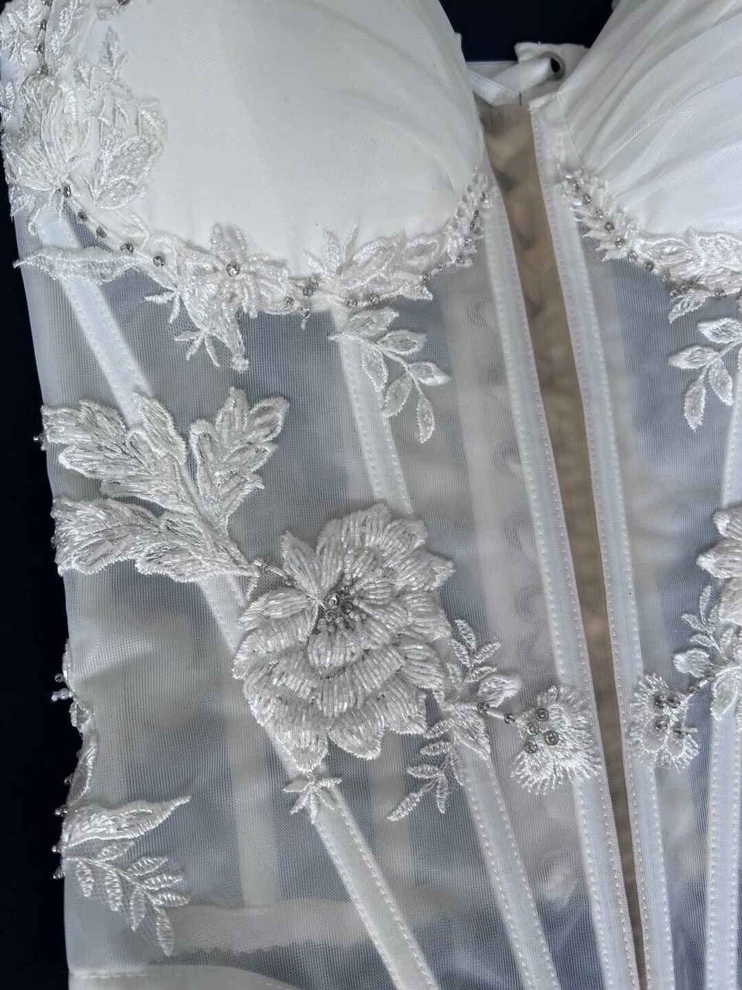 Flower Lace Beaded Wedding Custom Corset, Deep Plunge V-neck, Plus Size ...