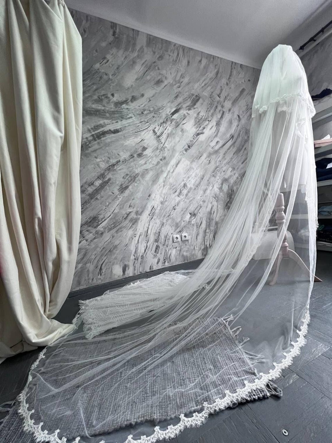 Customer Ivory Long Cathedral Veil, Mesh Veil With Floral Design Near ...