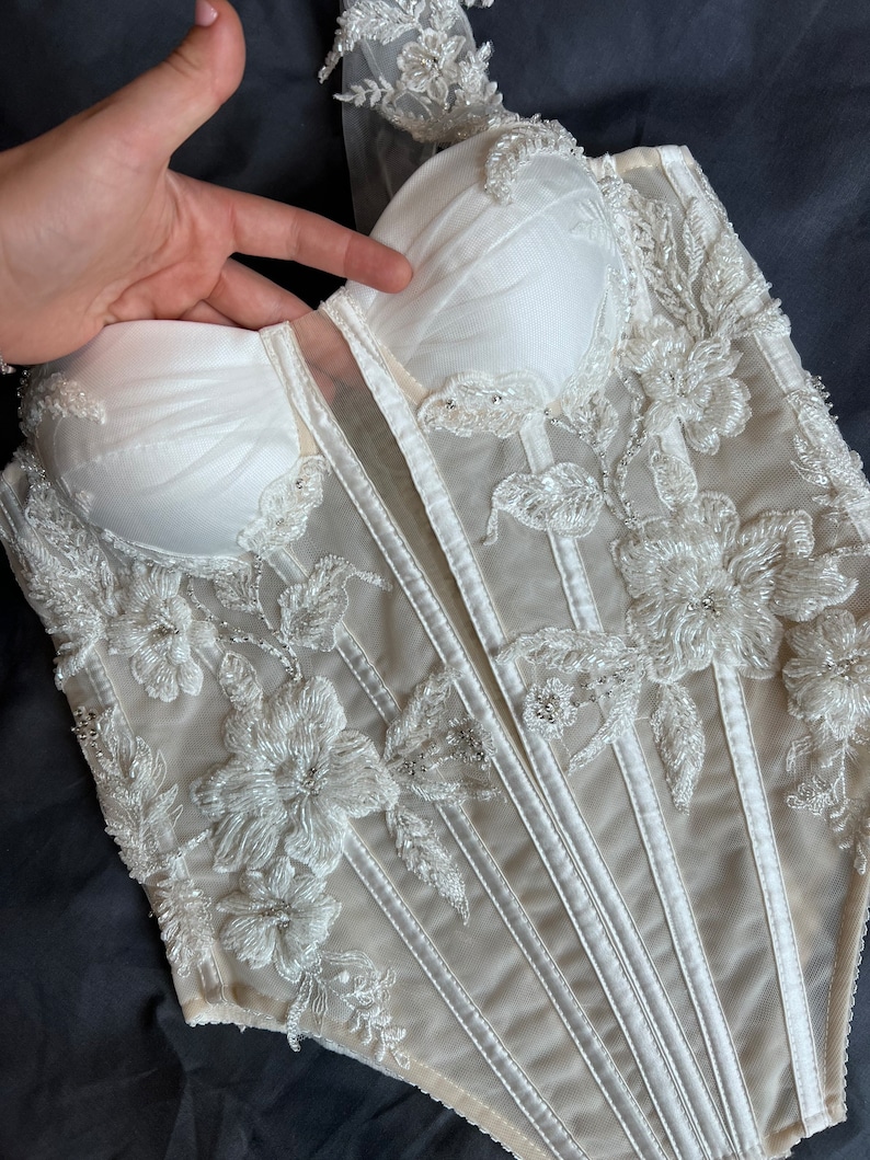 Ivory Mesh Corset Top With Satin Cups Flower Embroidery White - Etsy