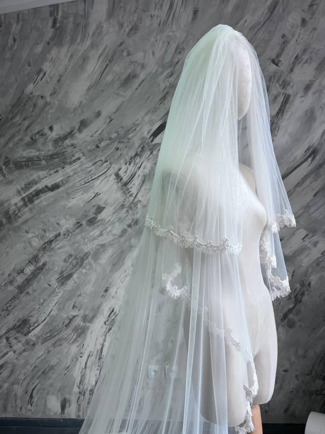 Customer Ivory Long Cathedral Veil, Mesh Veil With Floral Design Near ...