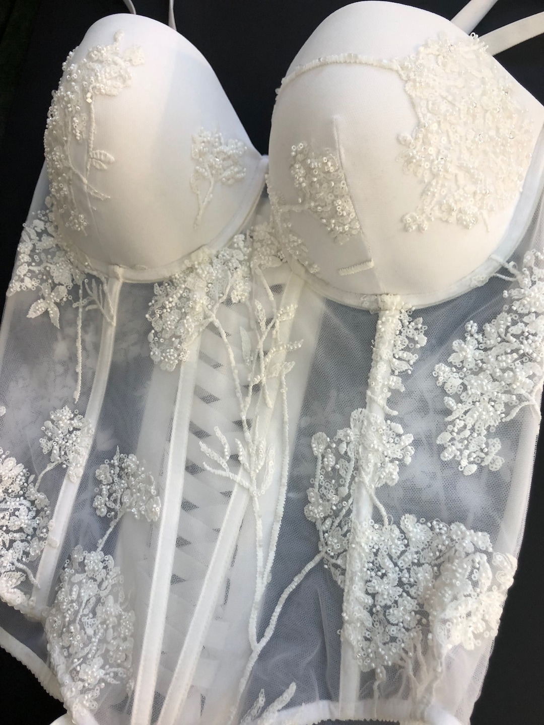 Ivory Mesh Floral Lace Corset With Lacing Back, Honeymoon Lingerie ...