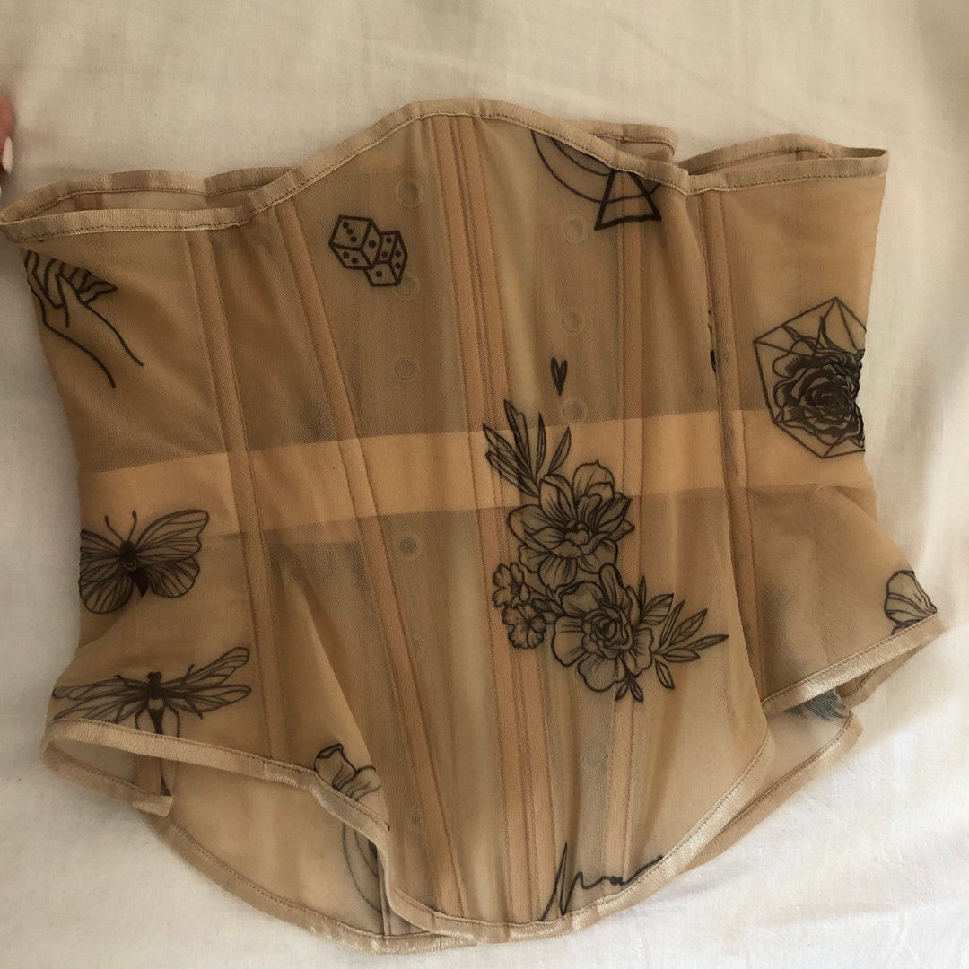 Corset Belt Black Tattoo Mesh Top, Underbust Beige Corset, Custom ...